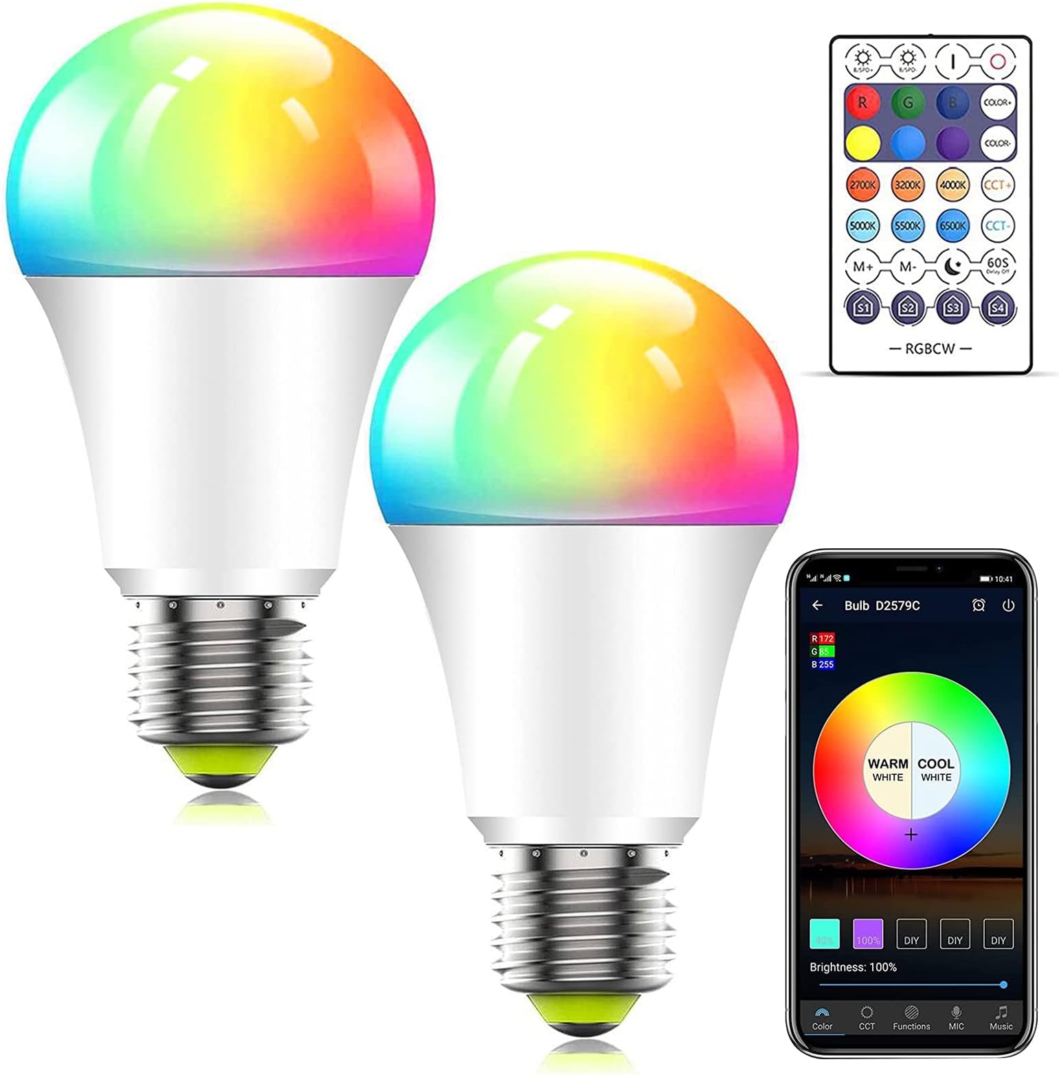 WiFi Smart Bulb, E27 10W Led Colour Changing RGB Light Bulbs with ...