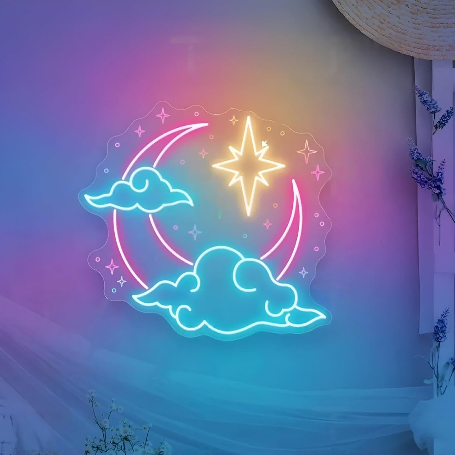 Crescent Moon Neon Sign Cloud Star LED Light, Dimmable USB-Powered with ...