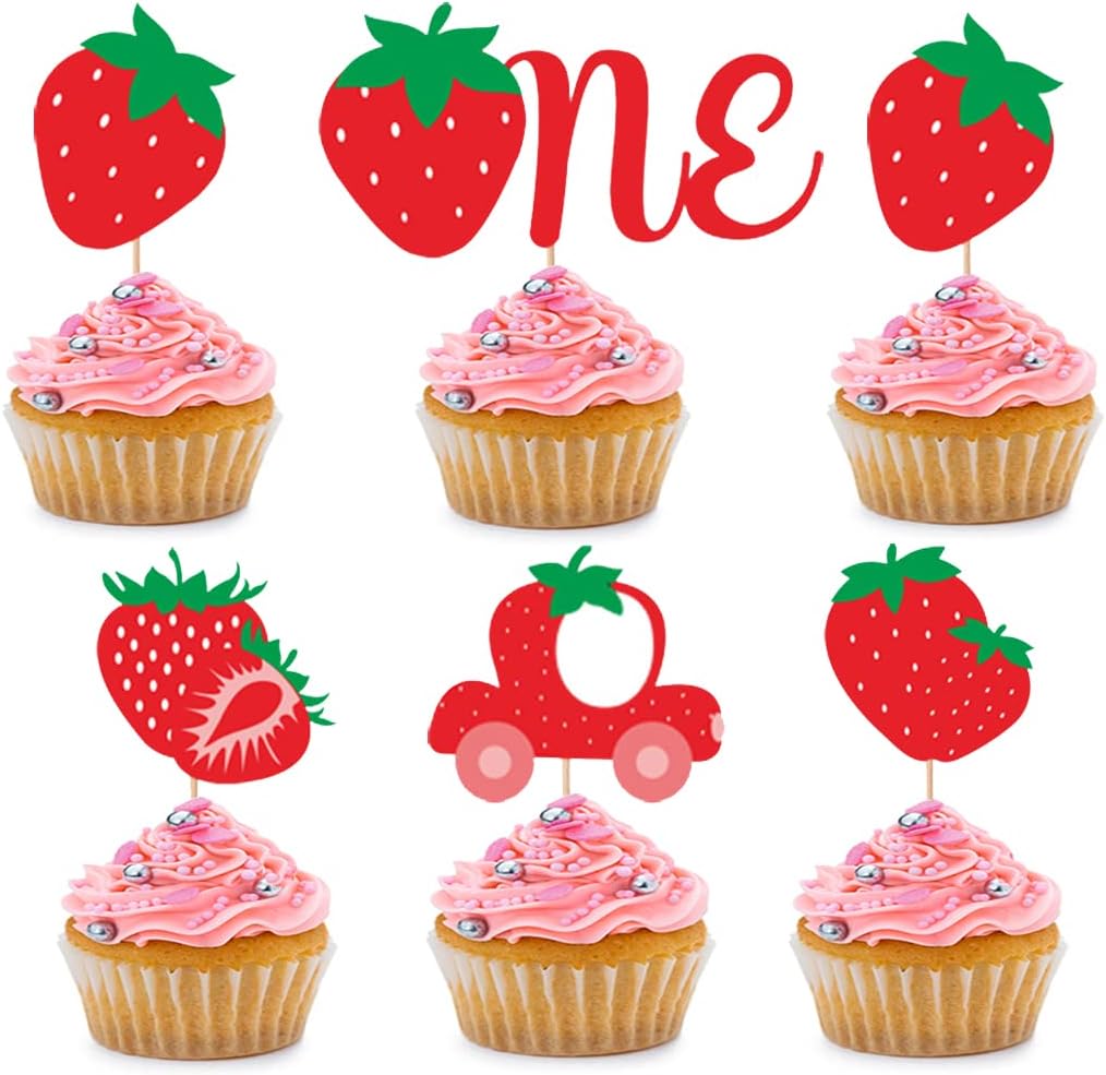 Amazon.com: 24 PCS Strawberry One Cupcake Toppers for Fruits Theme ...