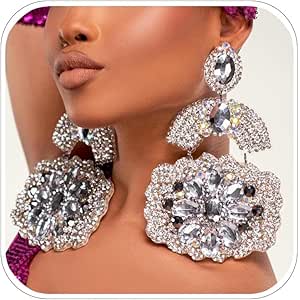 Amazon.com: XSBODY Large Rhinestone Flower Dangle Earrings for Women Silver Oversize Prom ...