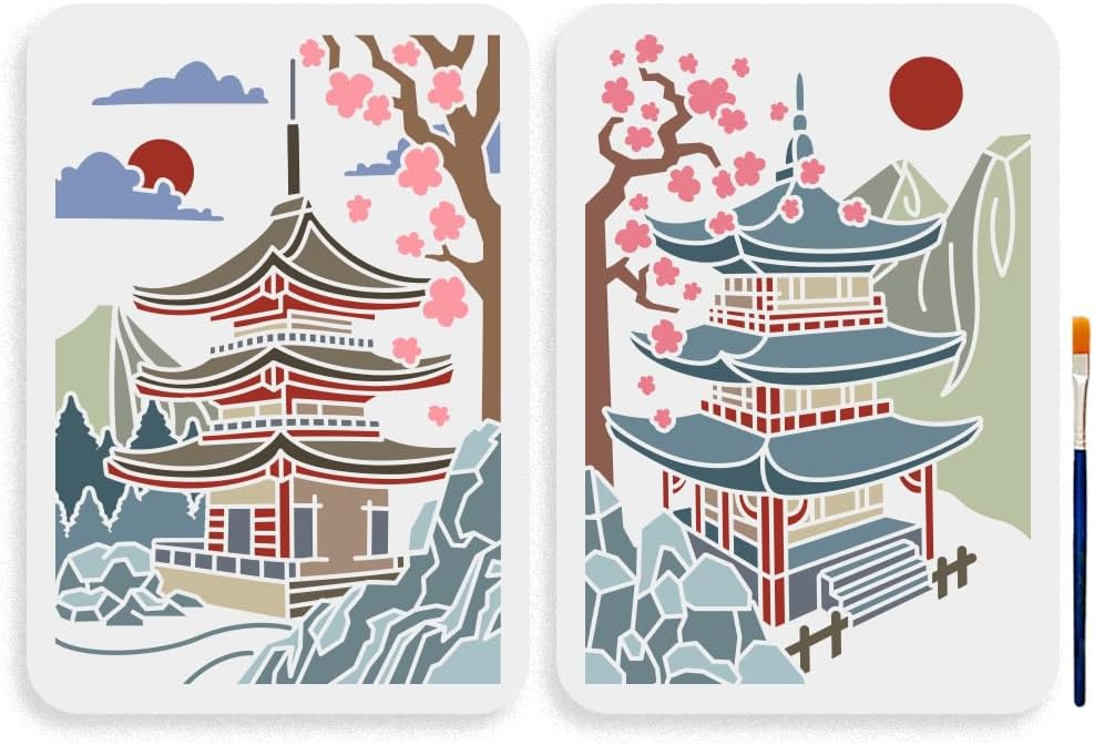 MAYJOYDIY 2pcs Japanese Zen Temple Stencil 11.7×8.3inch Large Japanese ...