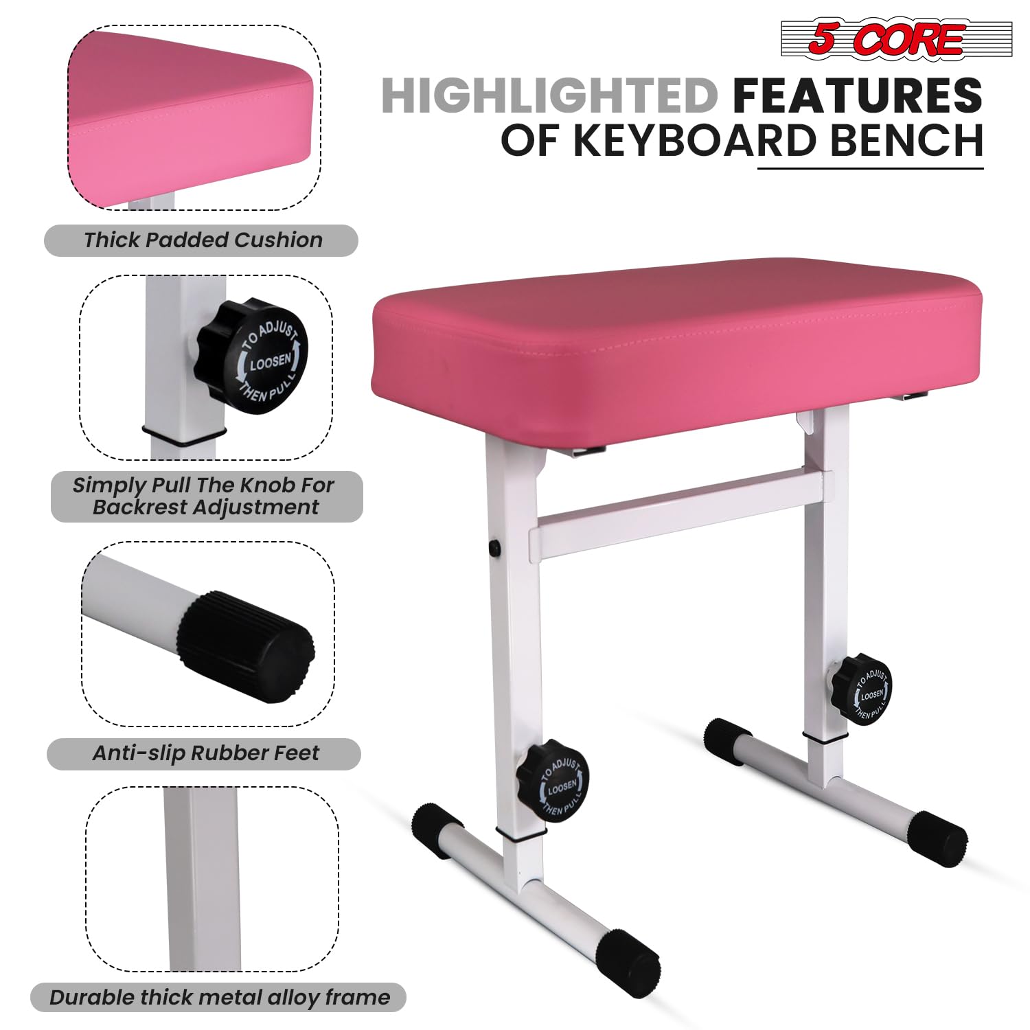 Snapklik.com : 5 CORE Keyboard Bench Piano Stool T Style Pink Thick ...
