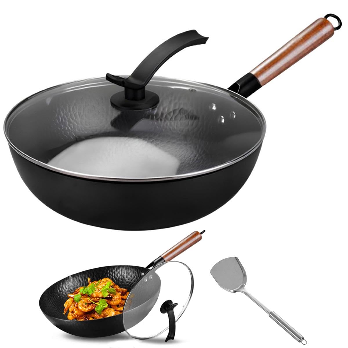 KITment Carbon Steel Wok Pan with Lid and Spatula, 12.6 inch Hand ...