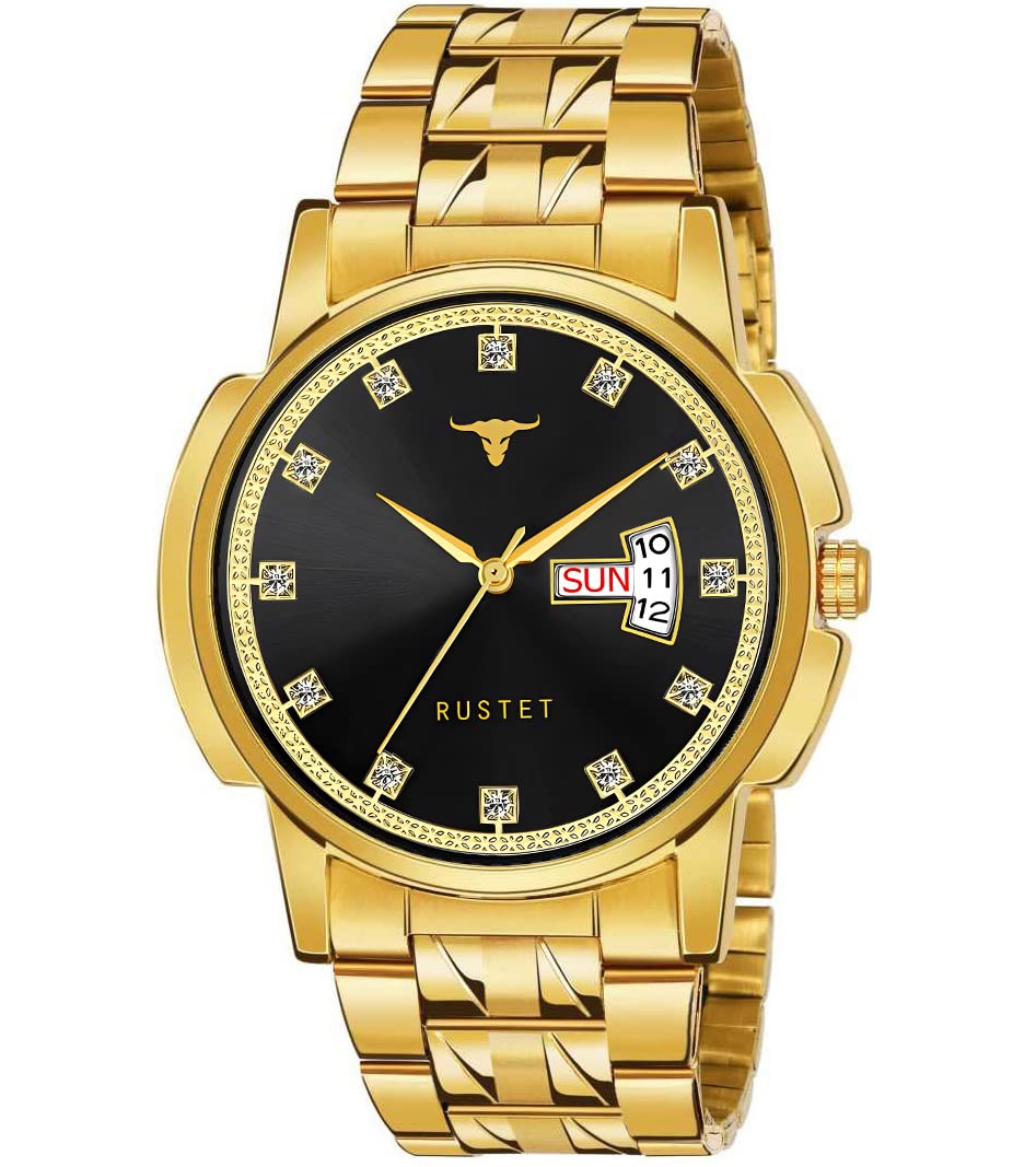 Buy RUSTET Analogue Waterproof Men's Day and Date Watch (Gold Round ...