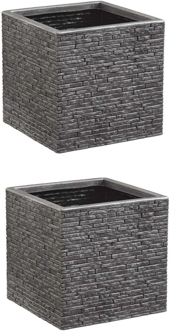 2 x 32 centimetre Strata Grey Brick Stone Effect Square Plastic Planter ...