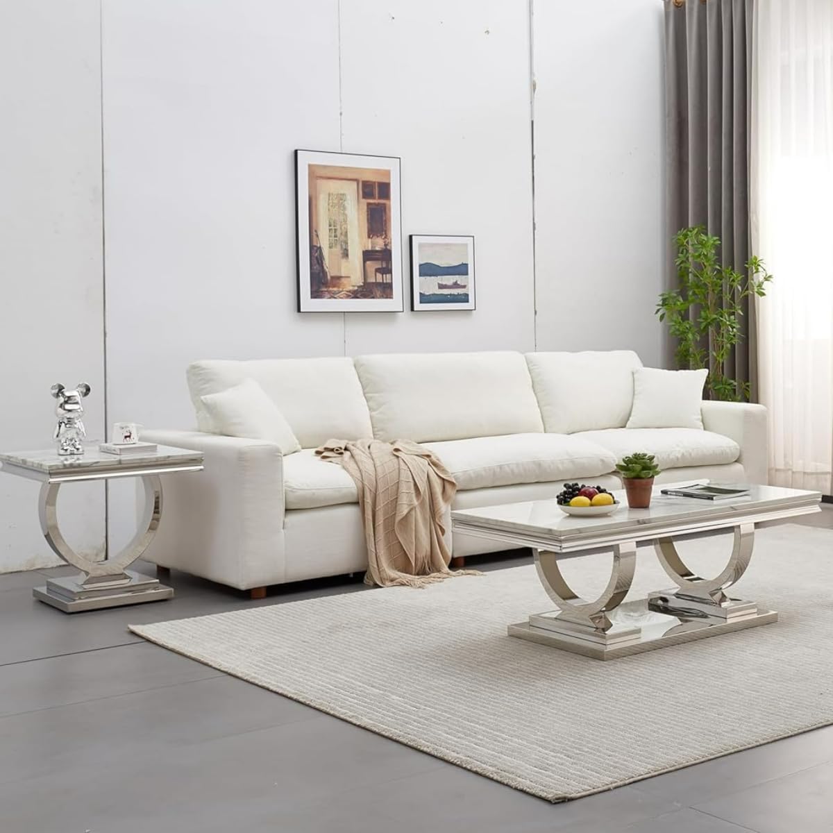 Amazon.com: Marble Coffee Table Set of 3, White Silver Coffee Table Set ...