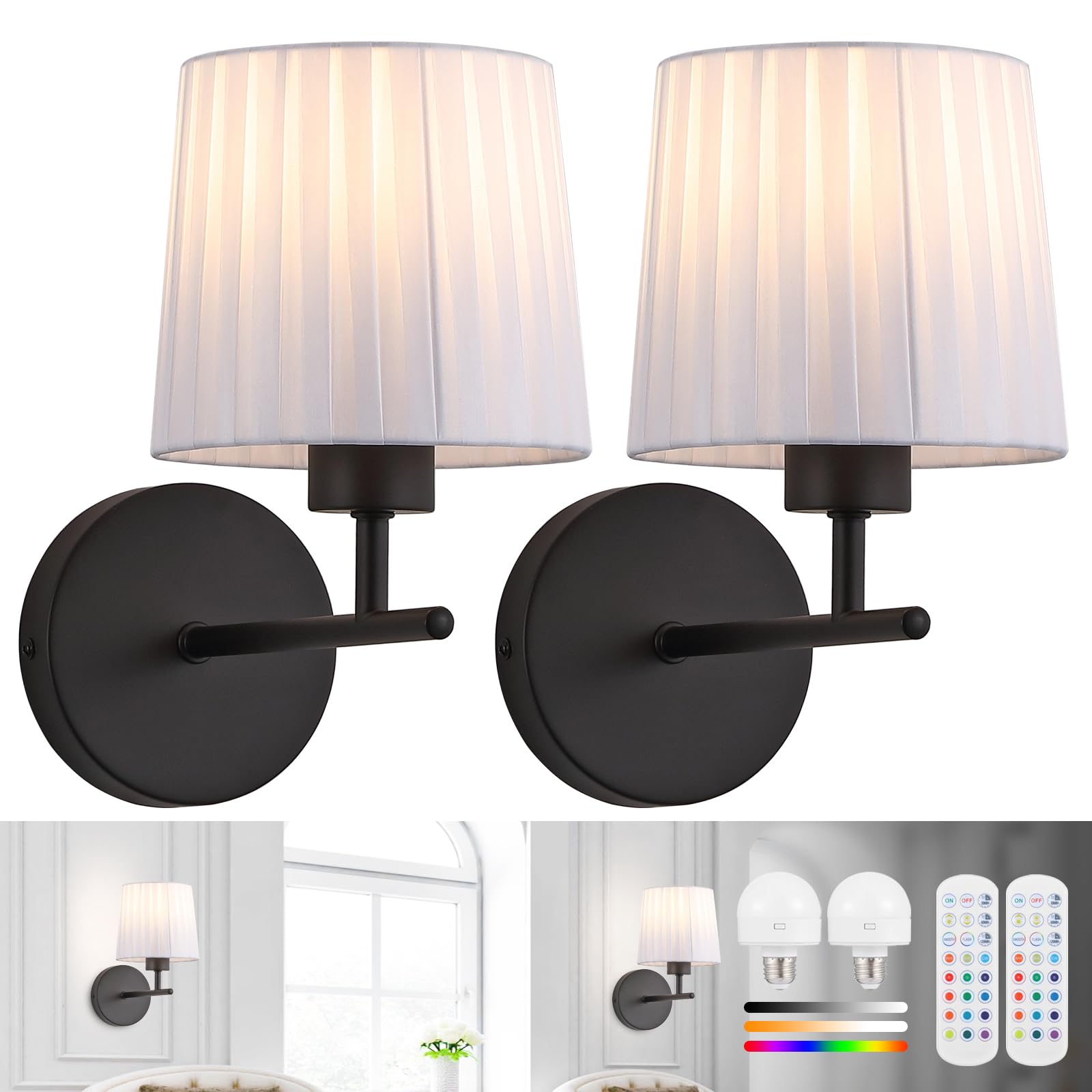 Sheetea Battery Operated Wall Sconces Set of 2, Black Wireless Sconces ...