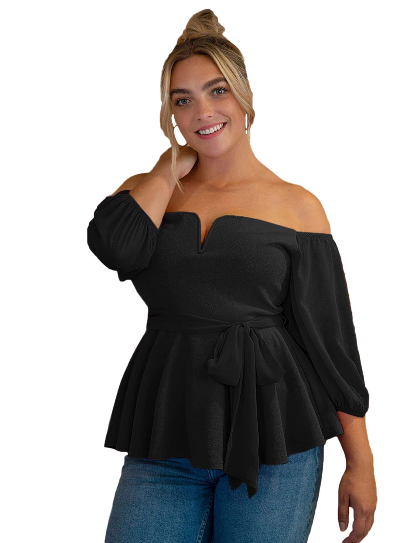 Floerns Women's Plus Size Off The Shoulder Belted Peplum Blouse Top XX ...