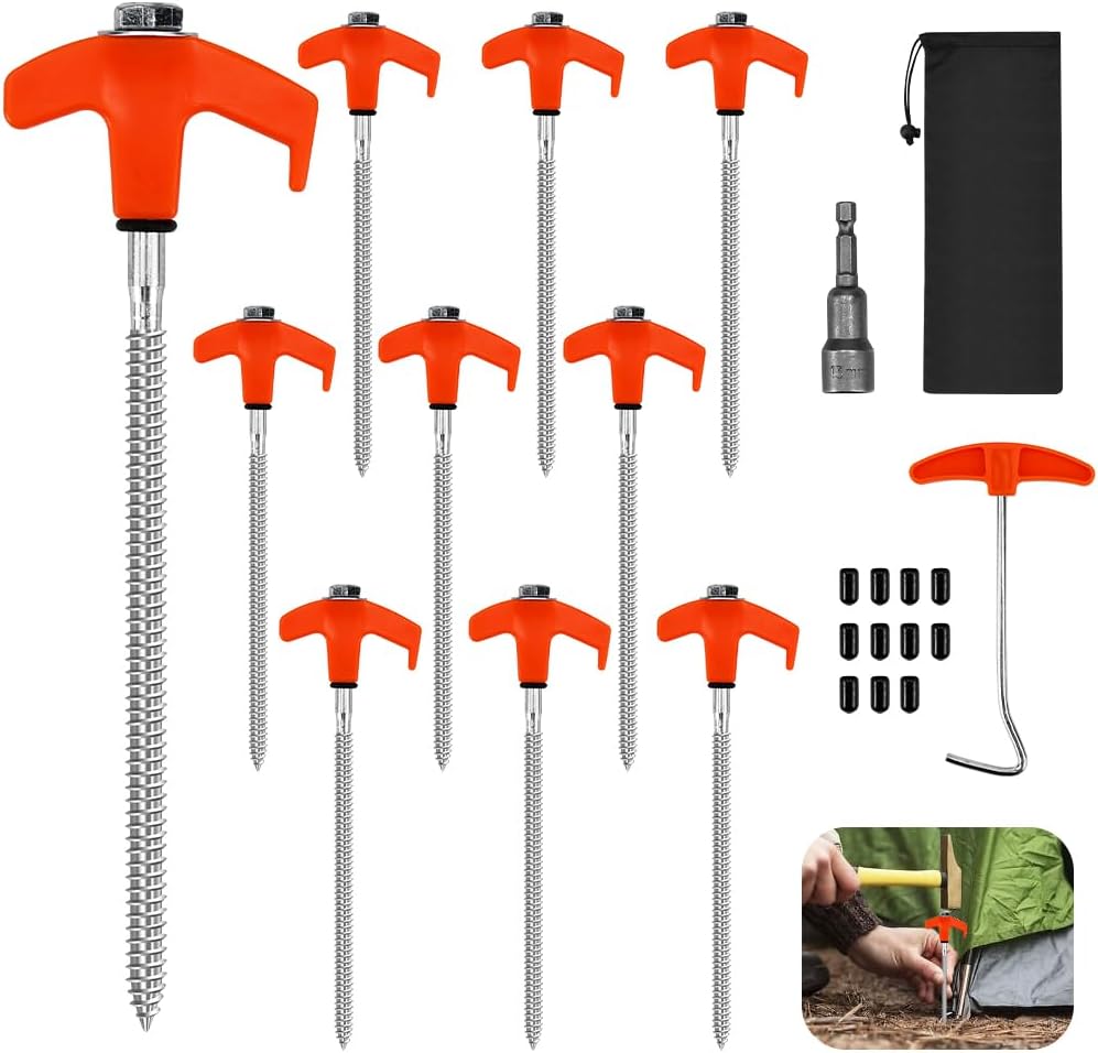 KITERI 10 Pcs Screw In Tent Pegs, 8 Inch Tent Pegs Hard Ground Awning ...