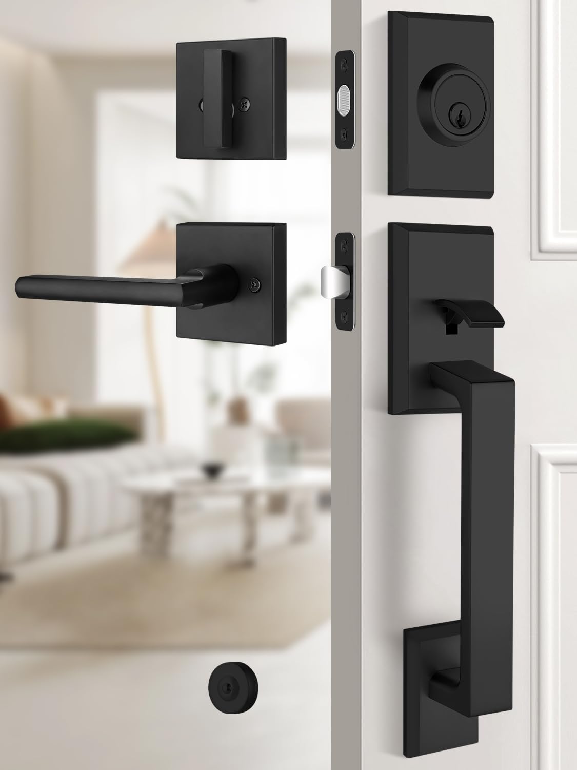 EHOMEWARE Matte Black Front Door Handle, Exterior Door Lock Set with ...