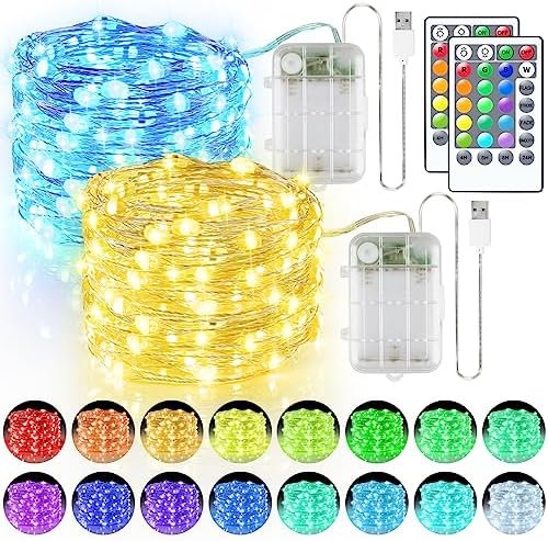 Amazon.com: 33ft 100LED Fairy Lights Battery Operated, 2 Pack 16.5ft 16 ...