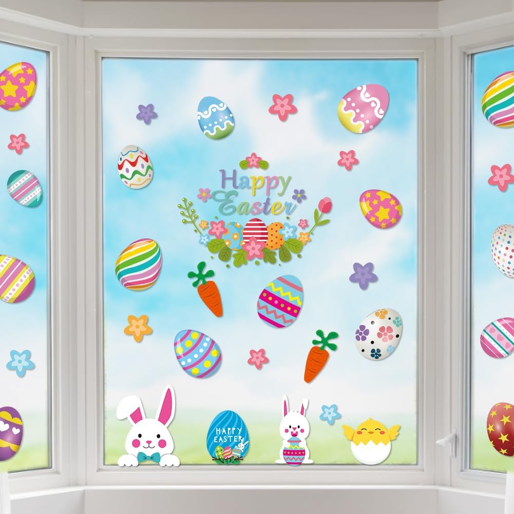 Amazon.com: Easter Window Clings Decorations Bunny Easter Eggs Large ...