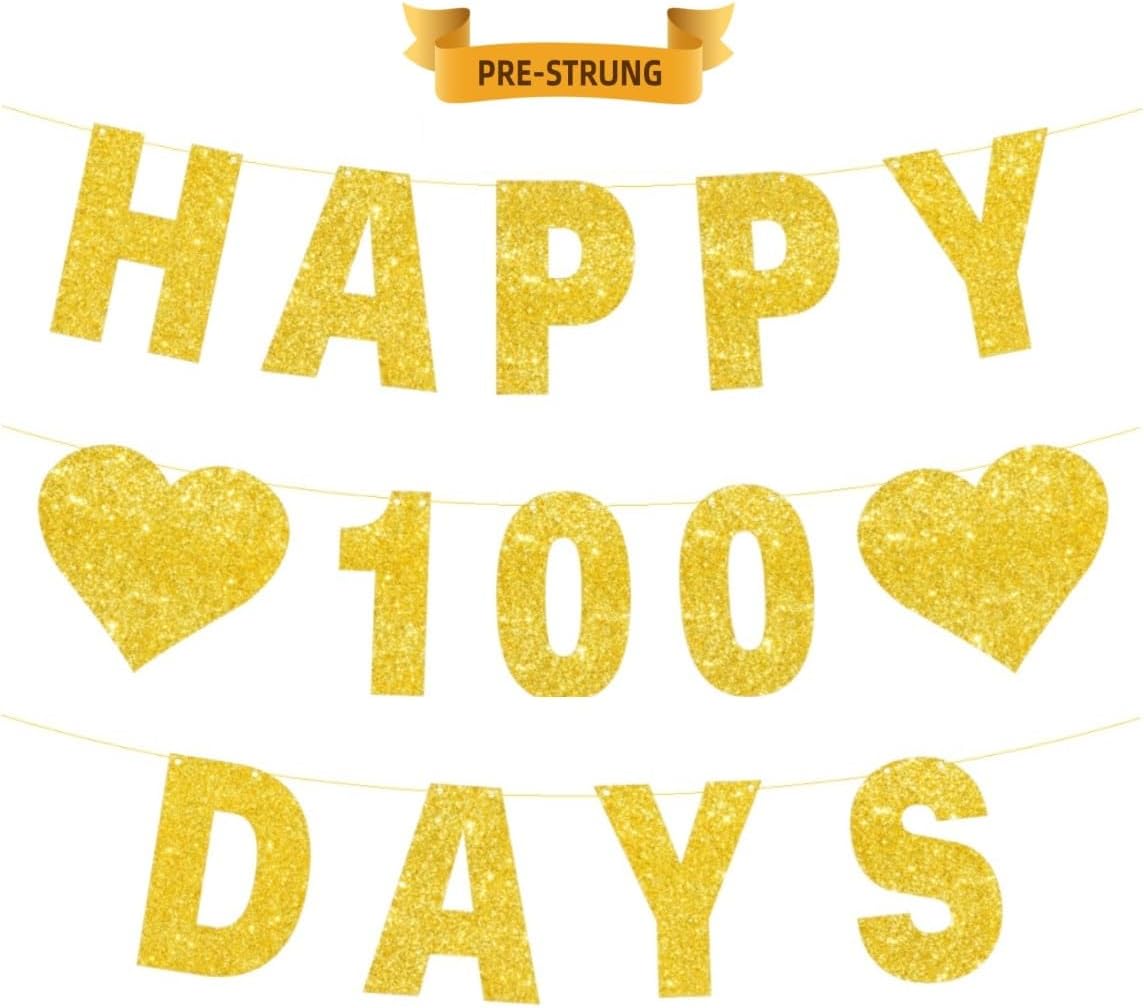Amazon.com: JUTTIRA Happy 100 Days Banner Decorations, Pre-Strung, Gold ...