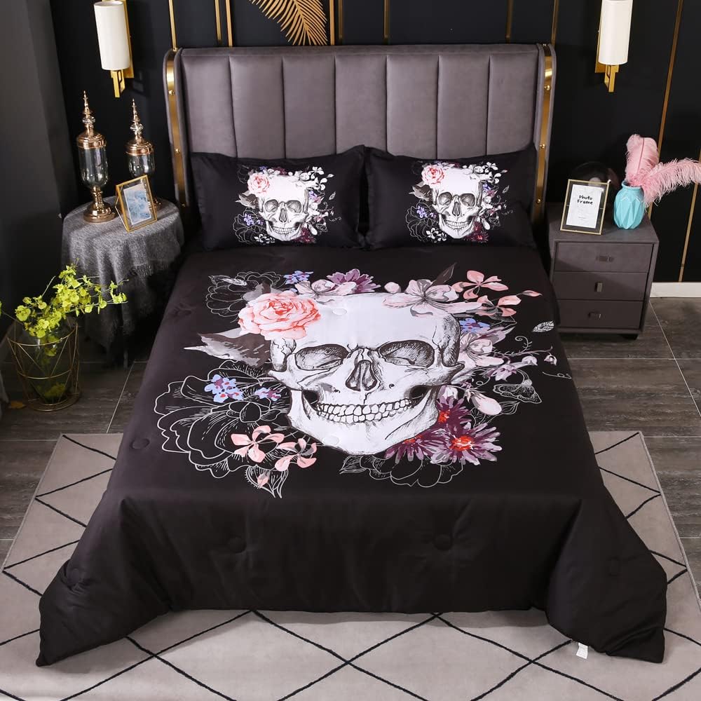 Amazon.com: Mrbay Floral Skull Comforter Sets Skull Bedding Set 3D ...