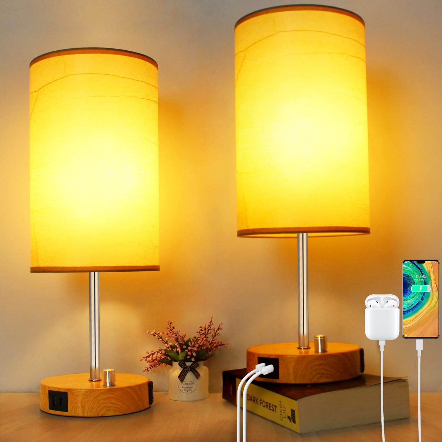 Stepless Dimmable Bedside Table Lamps Set of 2, Bedroom Nightstand ...