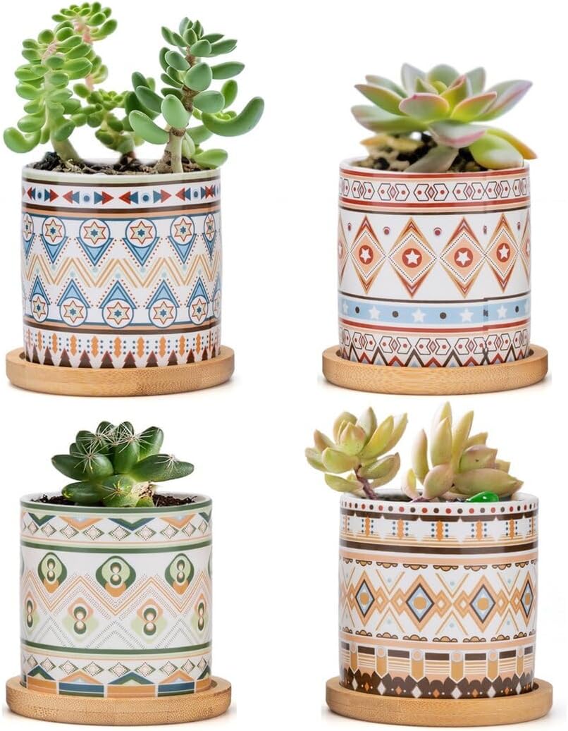 Amazon.com: Homaisson 4 Succulent Pots with Saucers, Bohemian Ceramic ...