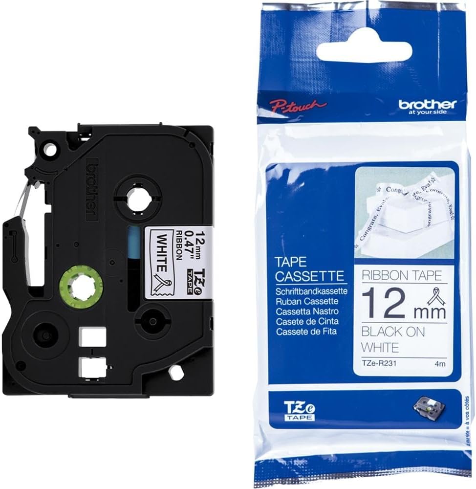 Brother TZe-R231 Labelling Tape Cassette, Black on White, 12mm (W) x 4M ...