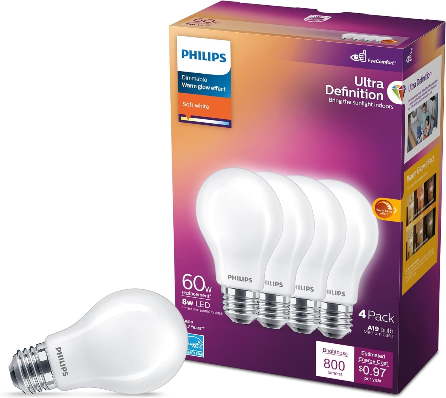 PHILIPS - Bombillas LED A19 ultra definición, esmeriladas, regulables, sin parpadeo, 60 W, con ...
