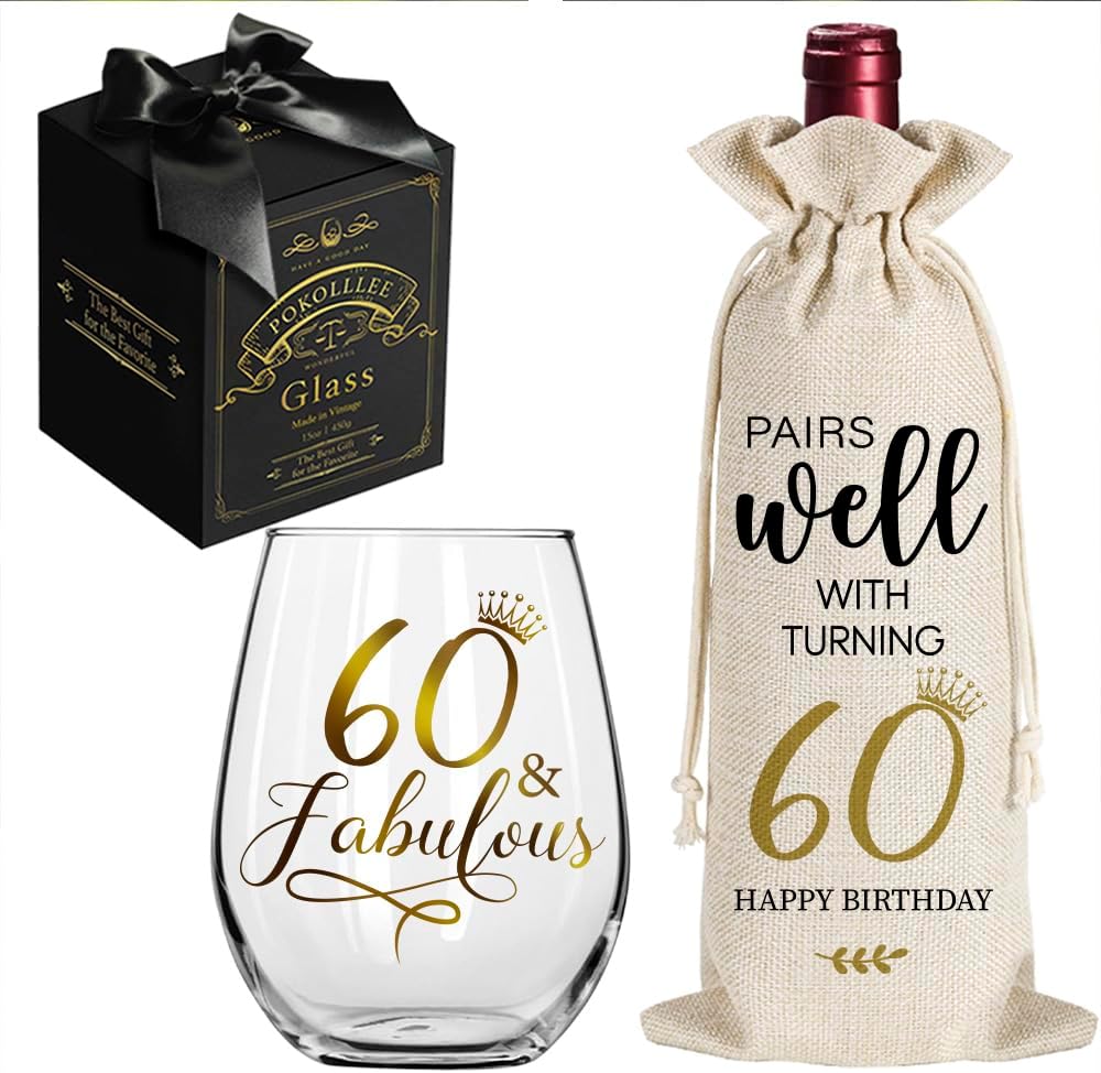 Amazon.com | Pokolllee 60 Fabulous Wine Glass - Funny 60th Birthday ...