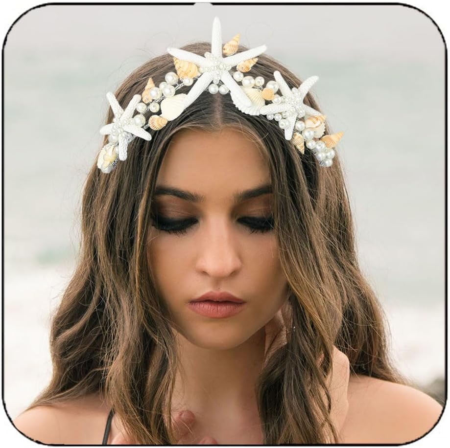 Amazon.com : CASDRE Starfish Bride Wedding Headband Brown Pearl Bridal ...