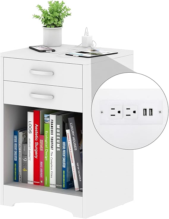 Amazon.com: HOSEOKA White Nightstand with Charging Station 2 Drawer ...