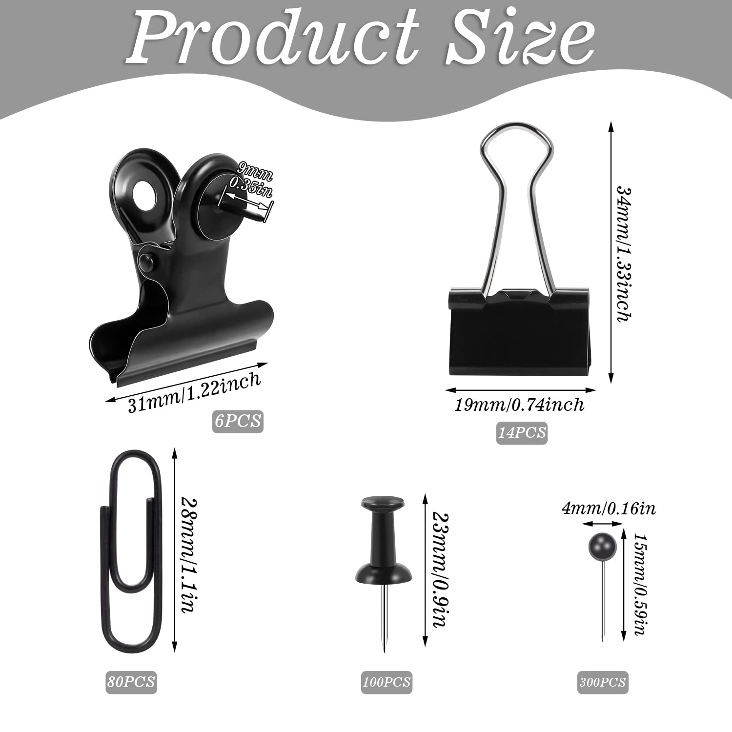 Snapklik.com : 500 Pcs Black Push Pins Set, Binder Clips, Paper Clips ...