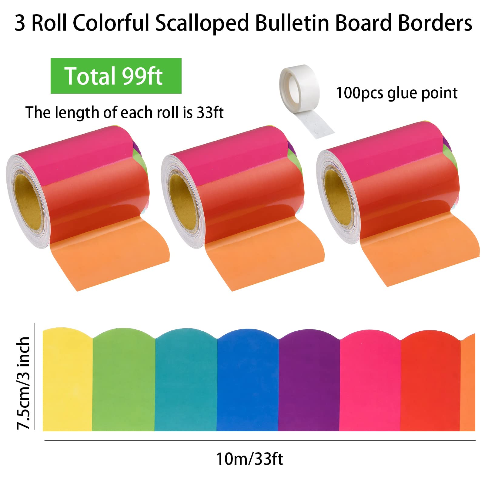 Snapklik.com : 99 Feet Bulletin Board Border, 3 Rolls Colorful Stripes ...
