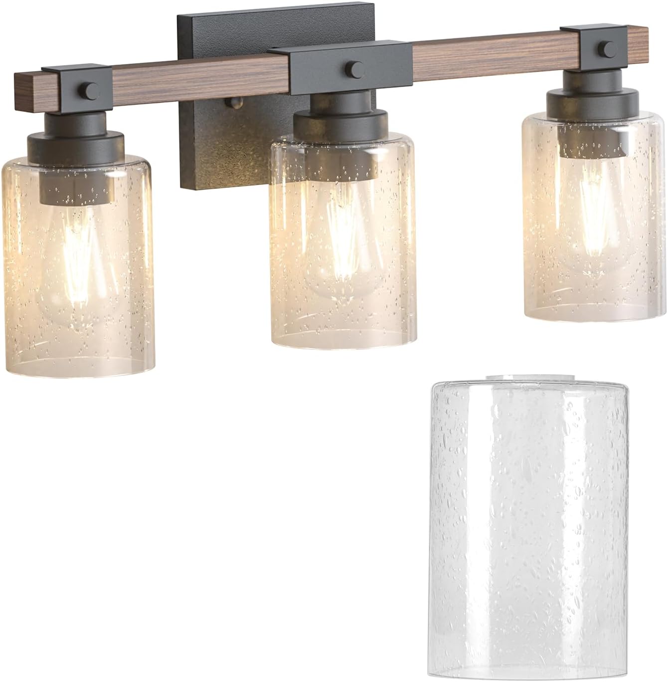 Amico Set of 3-Lights Farmhouse Vanity Lights with Seeded Glass Shade ...