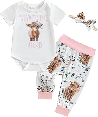 Amazon.com: Omkzanbi Newborn Baby Girl Clothes New to the Herd Bodysuit Highland Cow Jogger ...