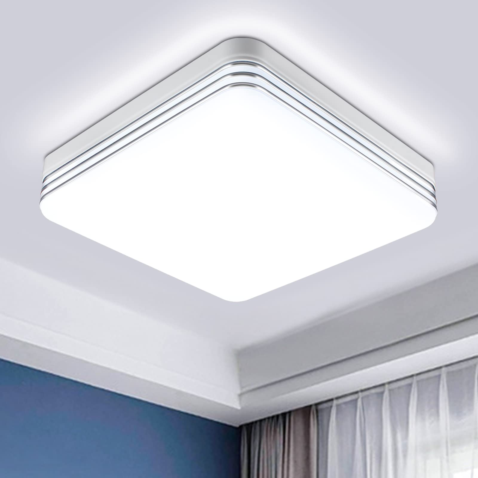Taoellen Bathroom Ceiling Light,Double Silver Edge Square Ceiling Light,3240lm 36W Cold White ...