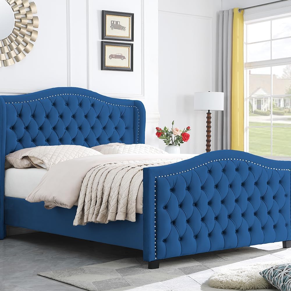Amazon.com: Leadtimes Navy Blue Velvet Bed Frame Upholstered Platform ...