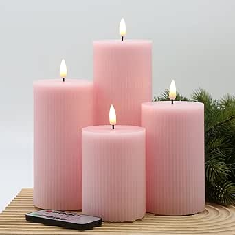 Eywamage Pink Ribbed Candles Battery Operated Tall Pillar Candles ...