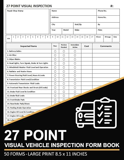 27 Point Visual Vehicle Inspection Form Book: 27-Point Vehicle ...