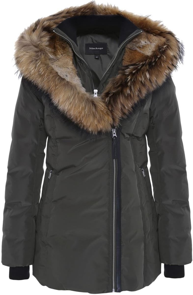 Amazon.com: Mackage Akiva Mid Length Fur Trim Jacket XS Army : Clothing ...