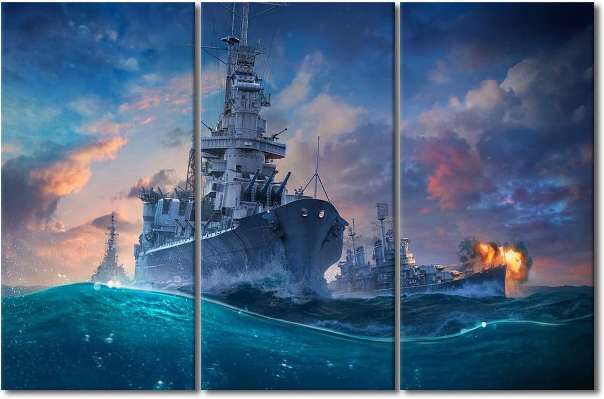 Amazon.com: Large Canvas Wall Art 3 Panels Navy Blue Decor Battleship ...