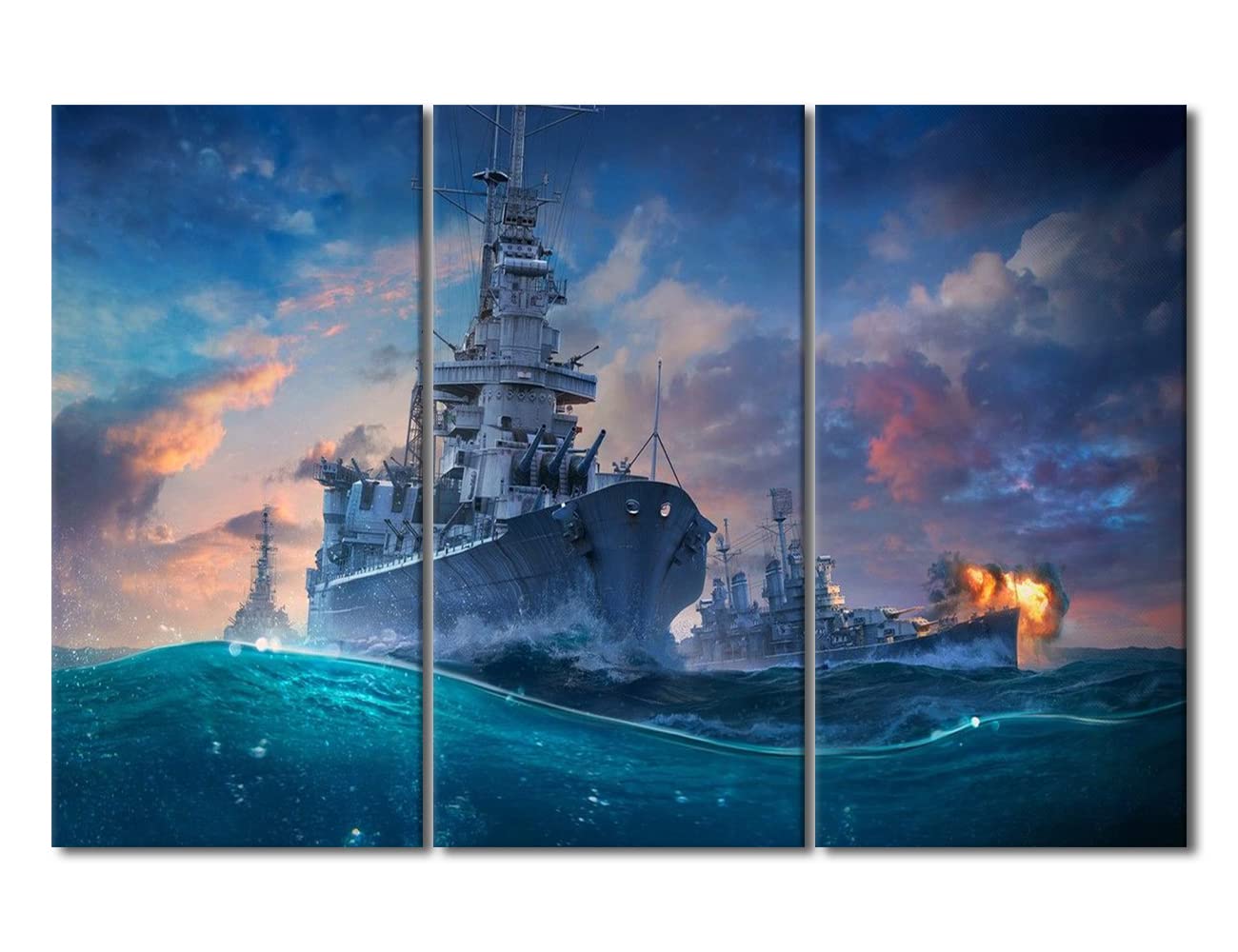 Amazon.com: Large Canvas Wall Art 3 Panels Navy Blue Decor Battleship ...