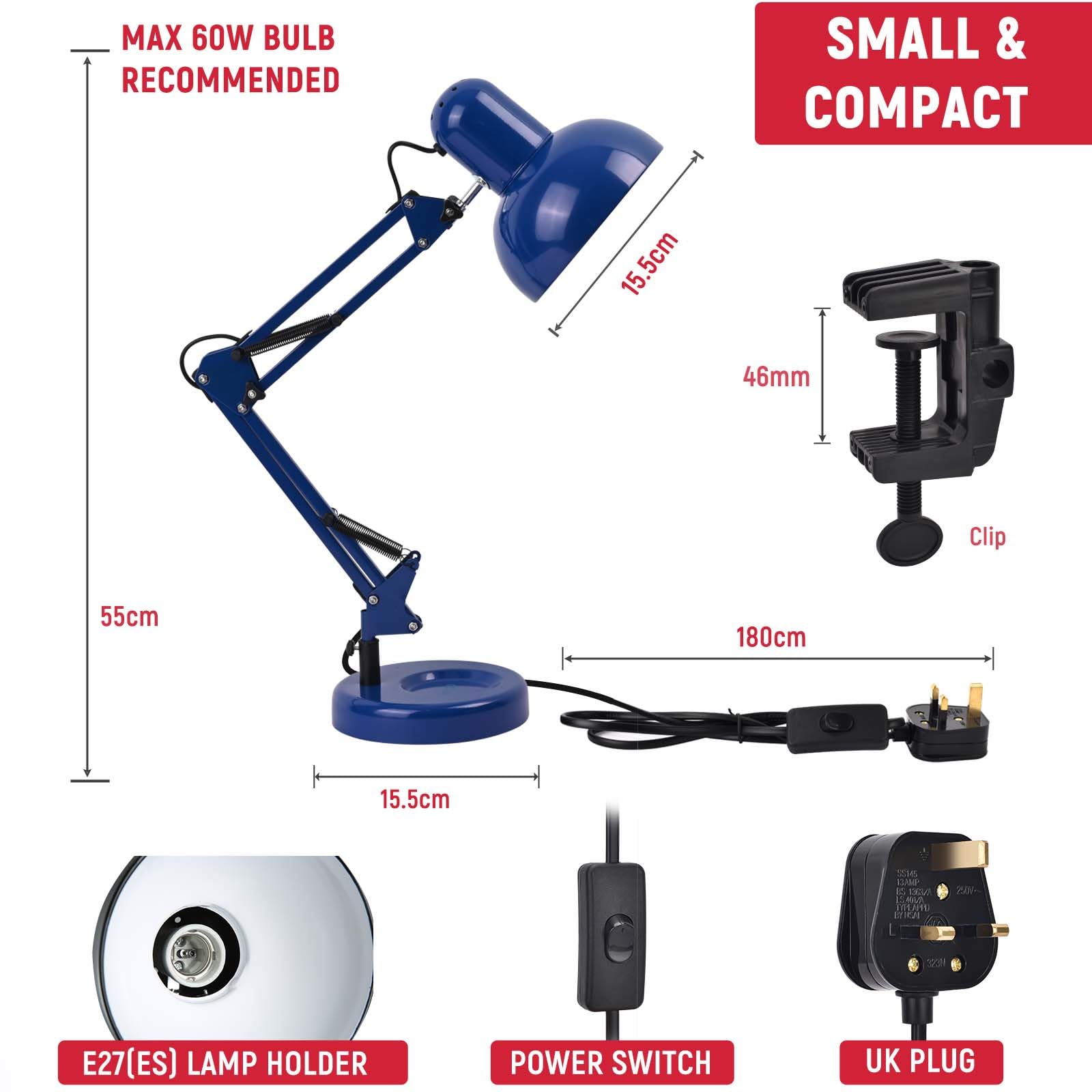 TEKLED LED Desk Lamp | Adjustable Swing Arm | Replaceable E27 Edison ...