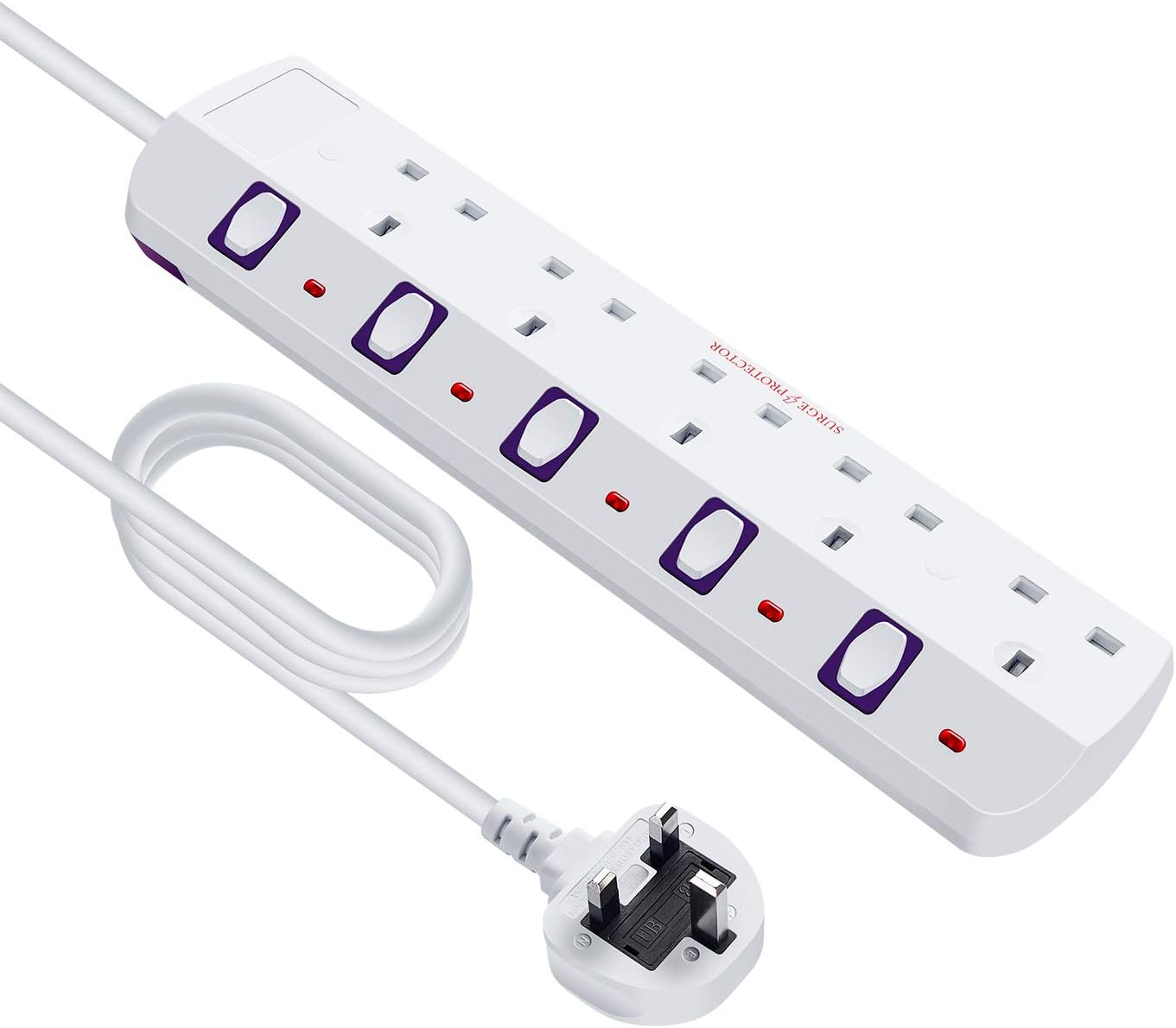 2M 5 Way individual Switch Power Surge Protection Extension Lead, Strip ...