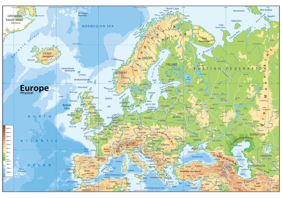 Physical Map of Europe - Size A0-84.1 x 118.9 cm - Paper Laminated ...