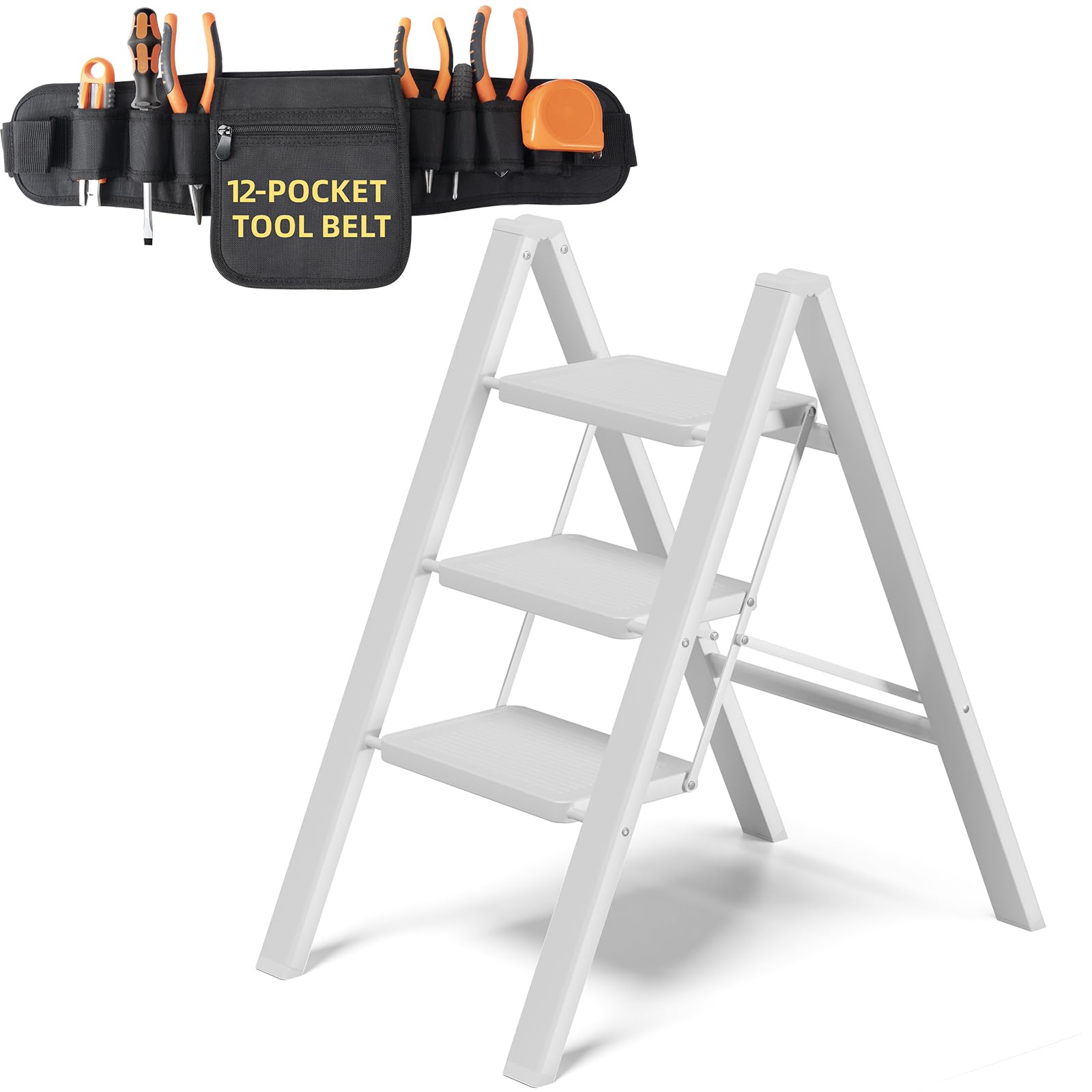 Kikcoin 3 Step Ladder, Folding Ladder with Wide Anti-Slip Pedal, Step ...