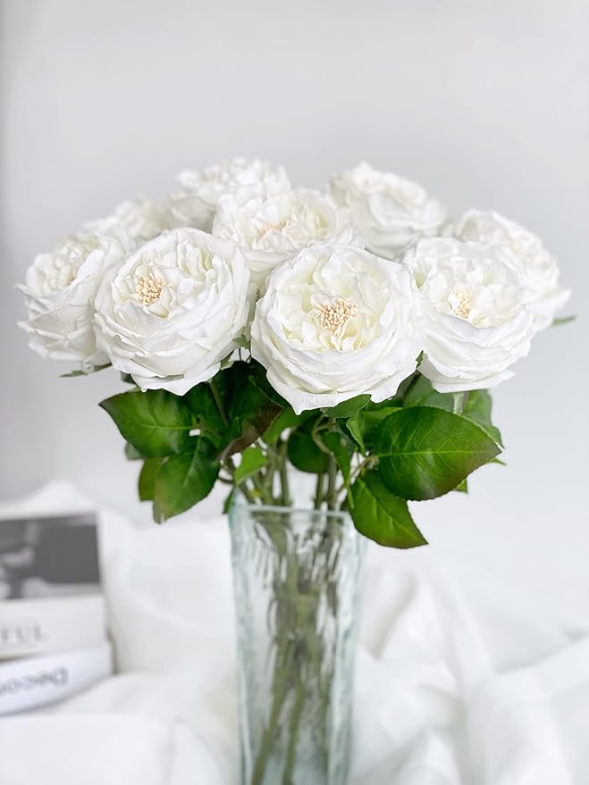 Amazon.com: YalzoneMet 4 Pcs Fake White Roses Artificial Flowers, 17.7 ...