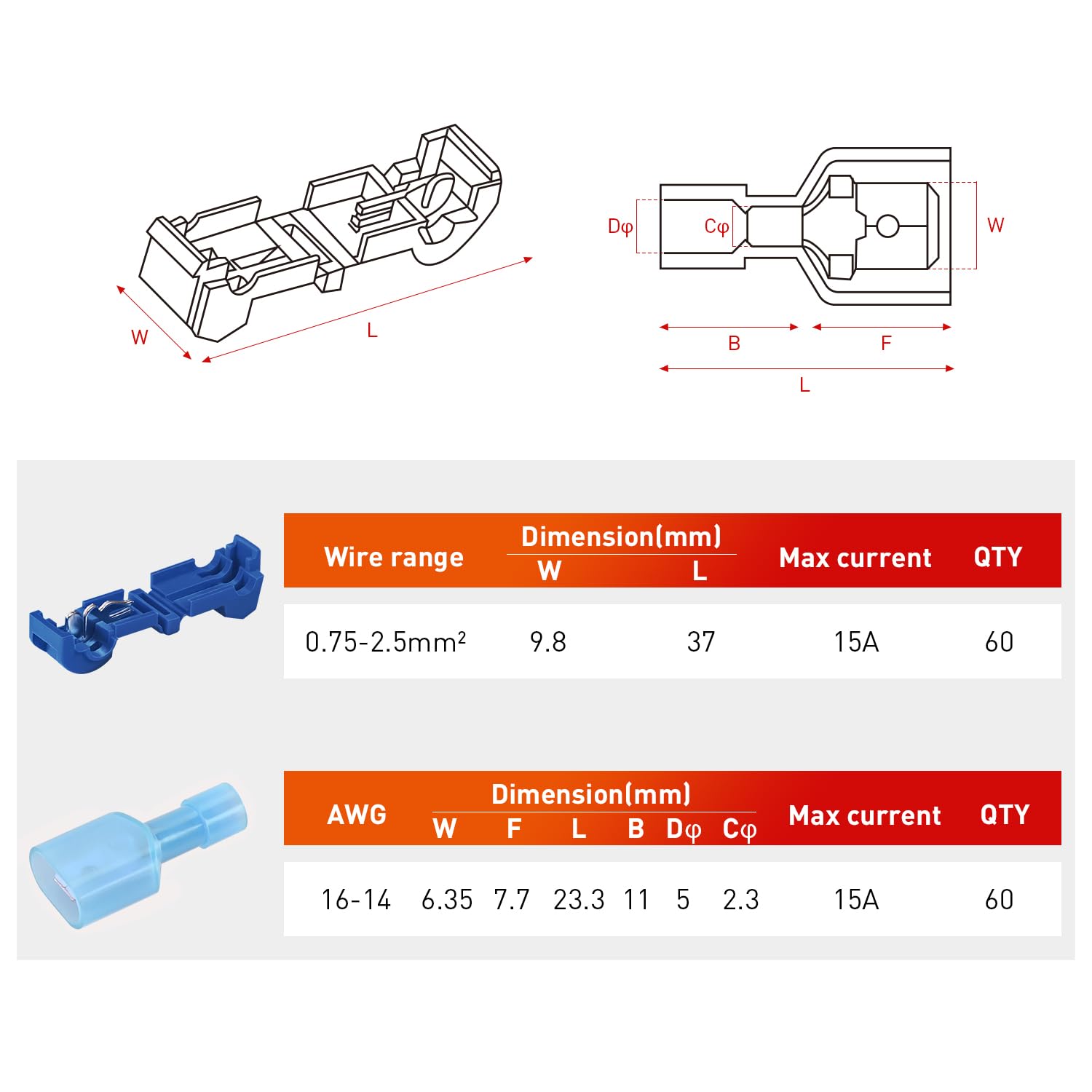 Snapklik.com : 120PCS/60 Pairs Quick Splice Disconnect Wire Terminals T ...