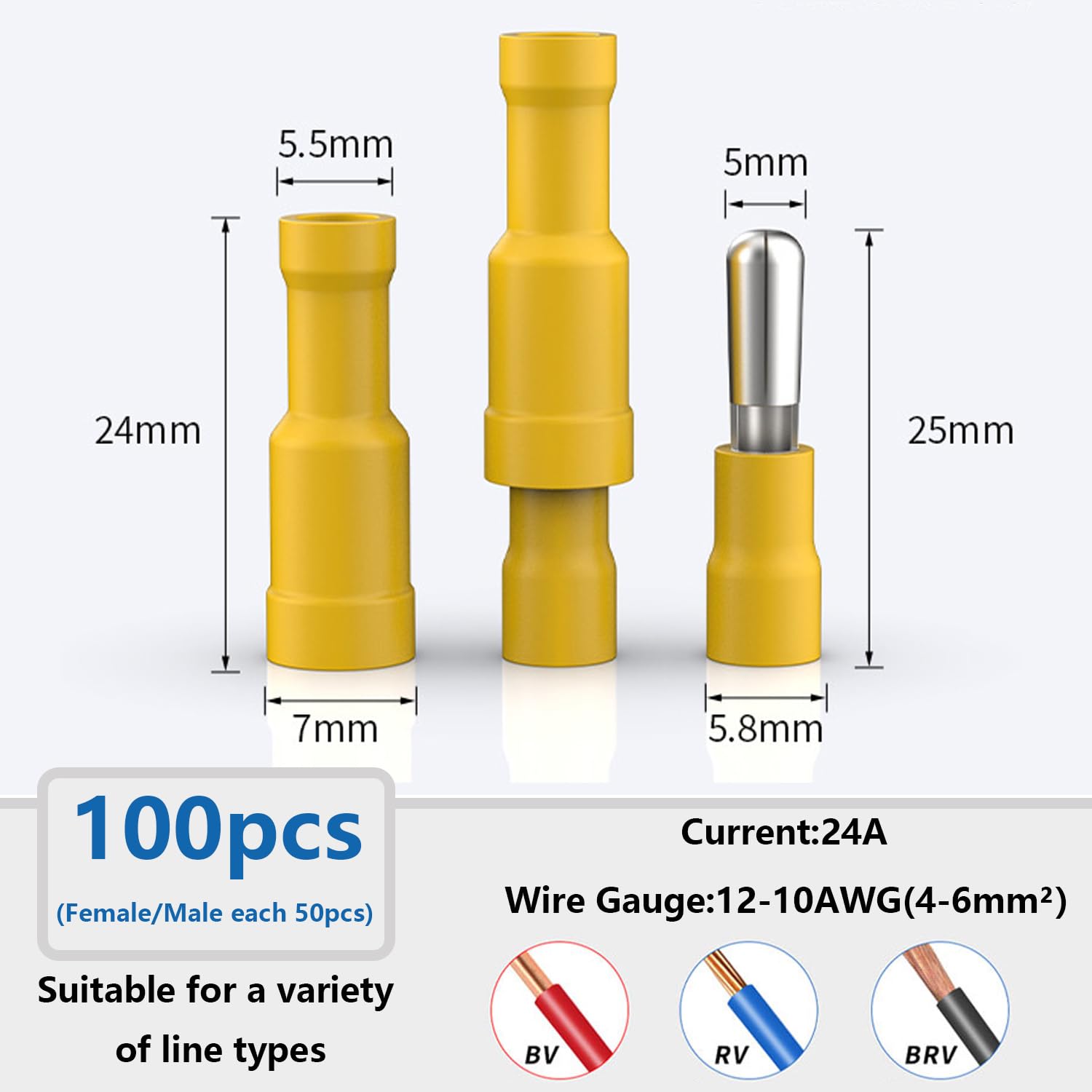Snapklik.com : Smseace 100Pcs Yellow Bullet Connectors 12-10AWG Female ...