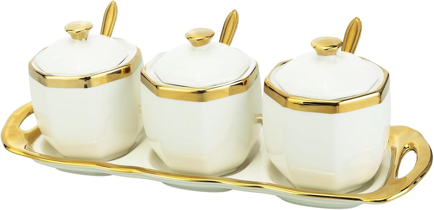 Amazon.com | Gets Porcelain Condiment Jars Set of 3, Ceramic Sugar Bowl ...