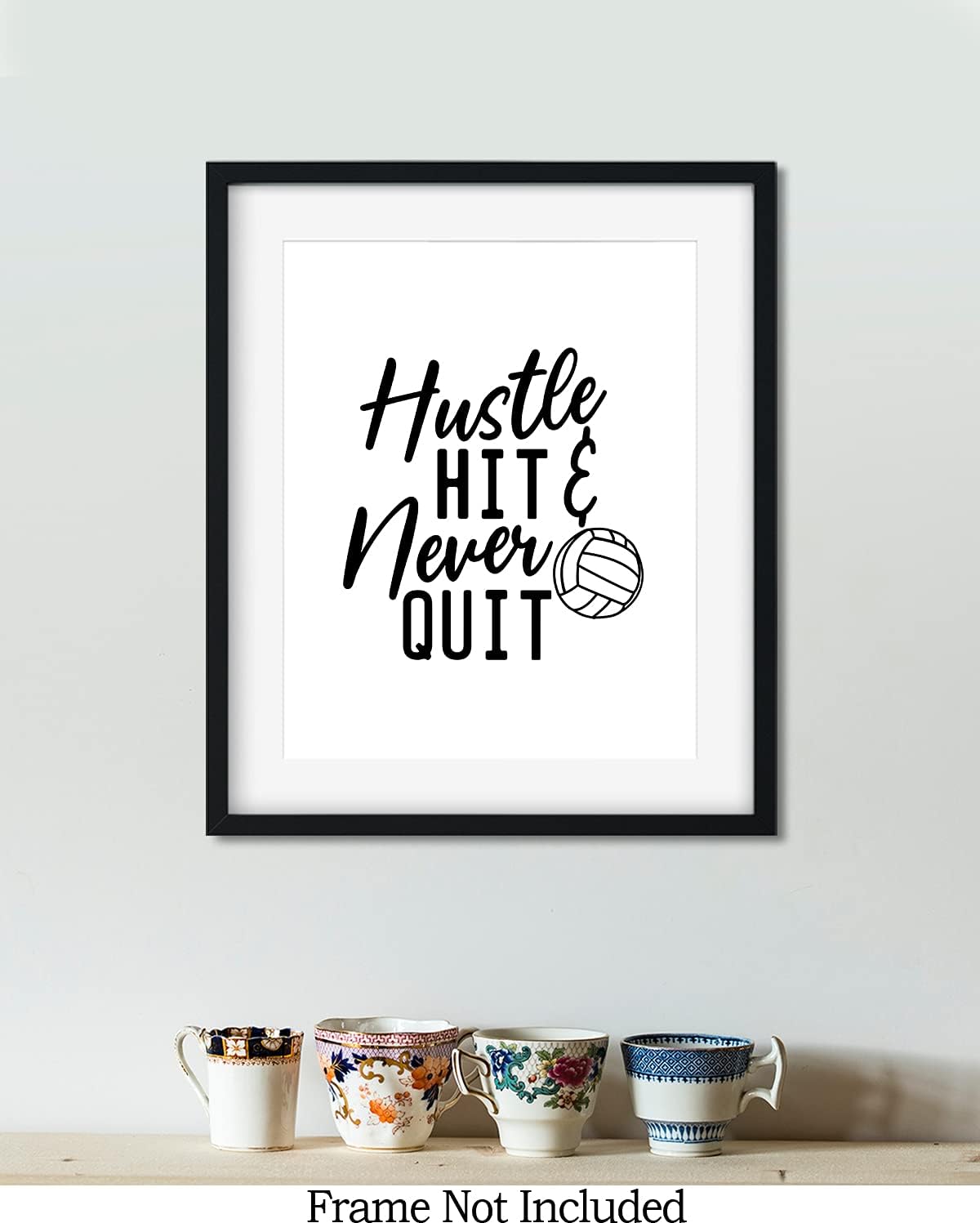 Hustle Hit & Never Quit – Arte de pared con cita motivacional de voleibol con un fondo blanco ...
