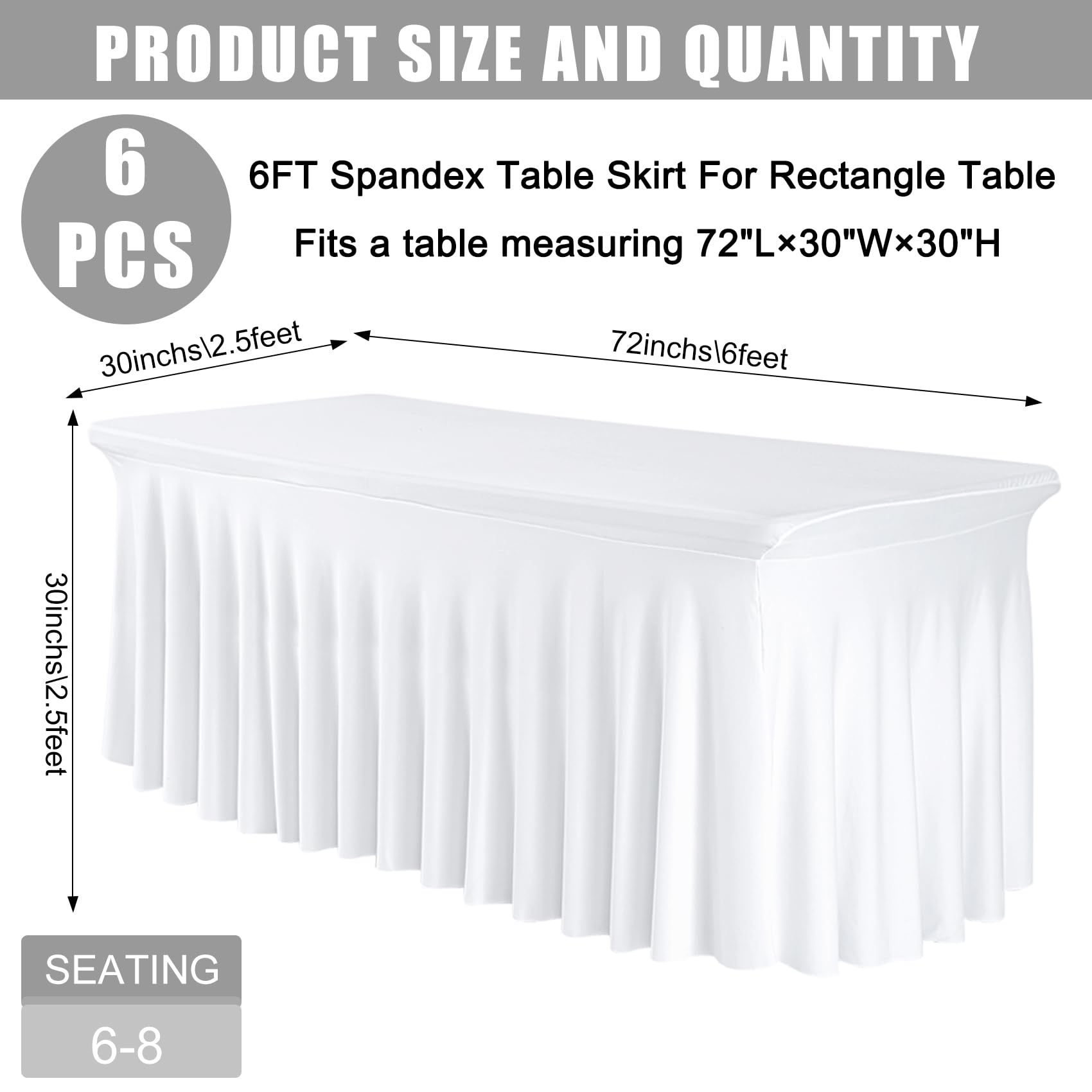 6 Pack 6FT Spandex Table Skirt for Rectangle Table Washable Table Covers White Stretch ...