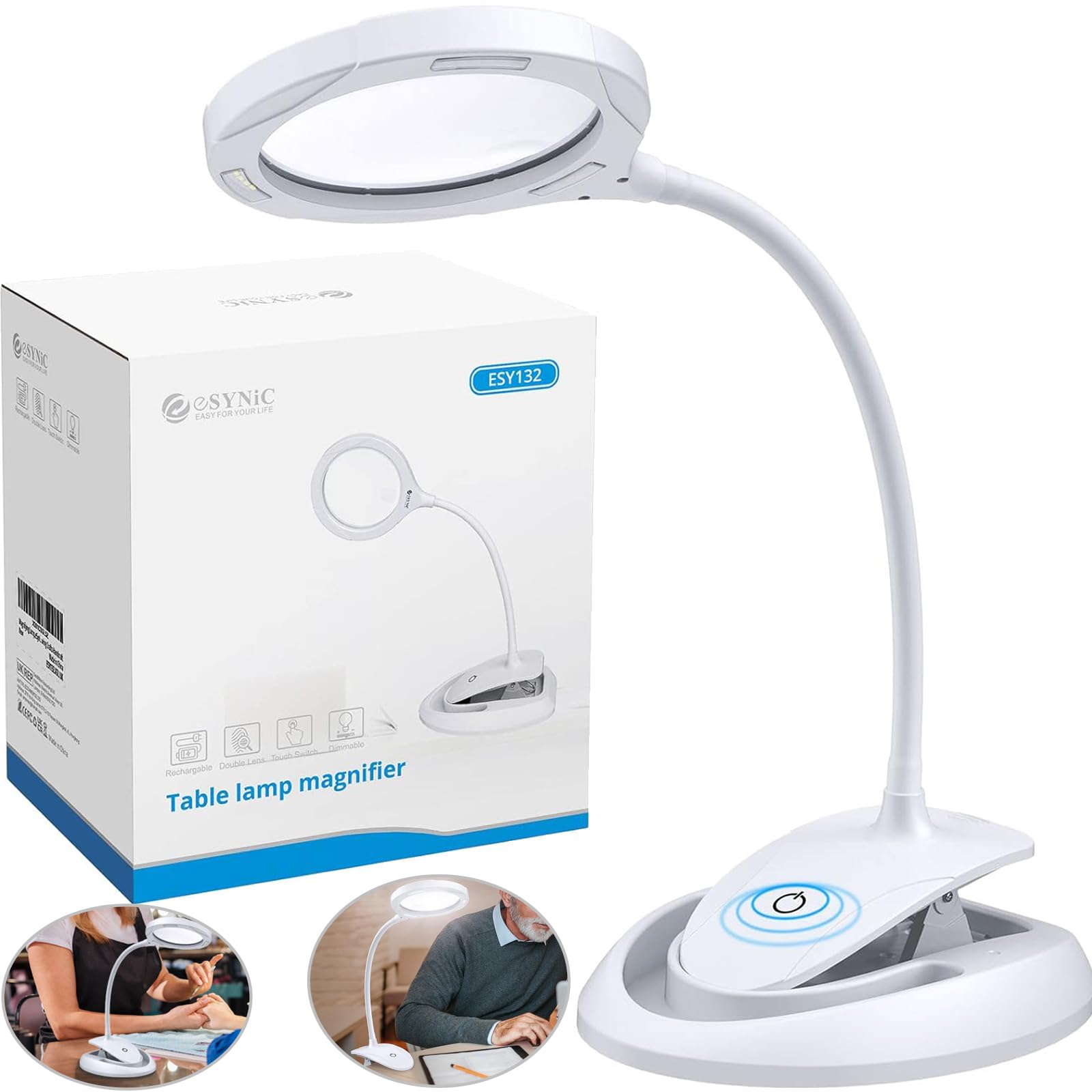 eSynic Magnifying Lamp, Daylight LED Magnifying Lamp Rechargeable ...