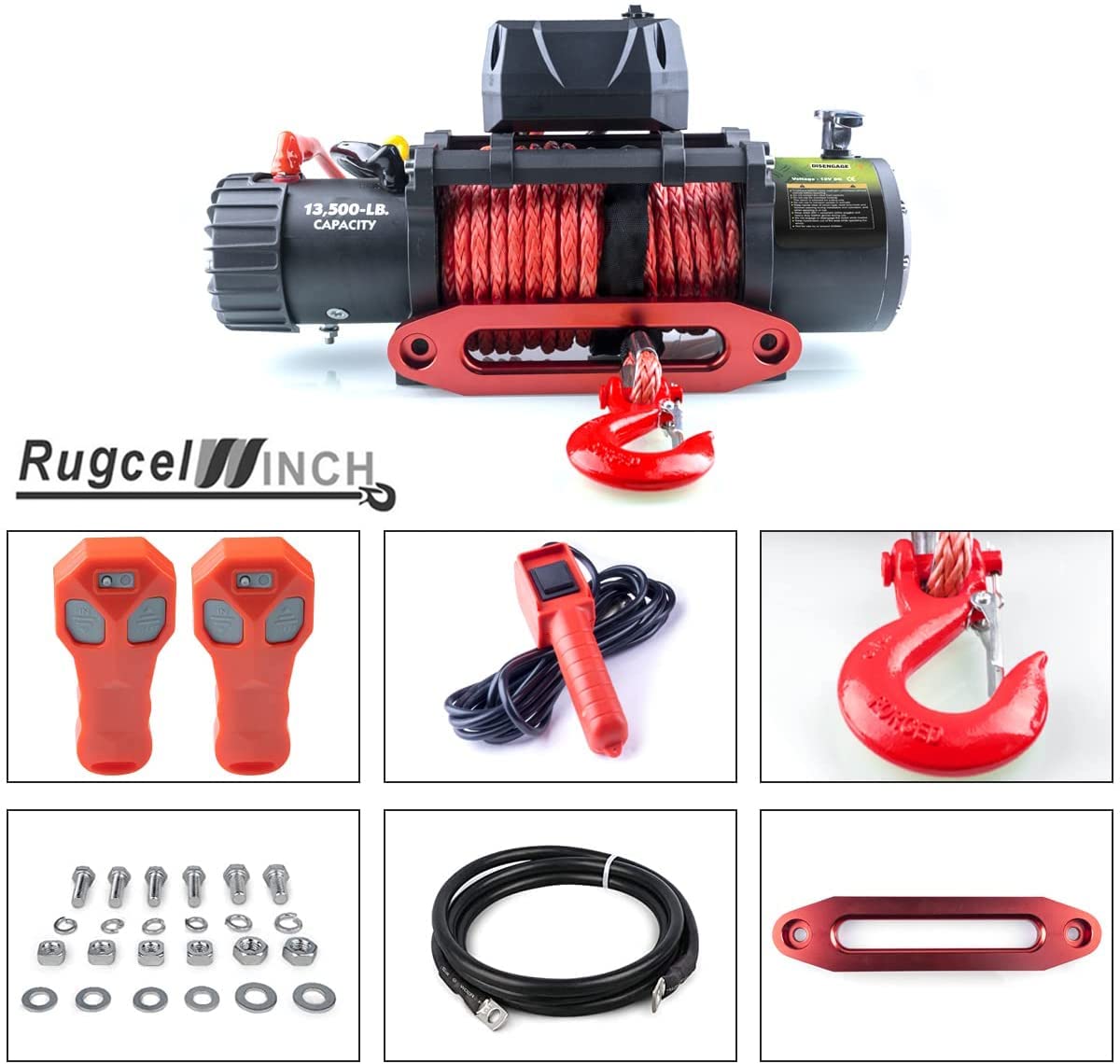 Snapklik.com : RUGCEL 13500lb Waterproof Electric Red Synthetic Rope Winch