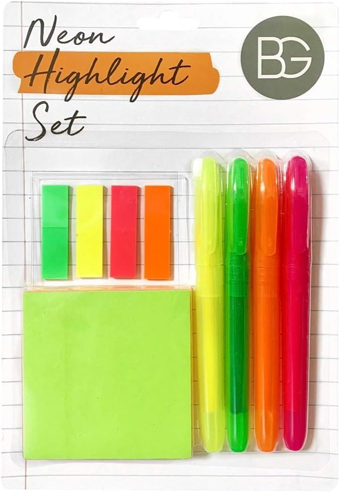 Bargain Gateway BG Neon Highlight Set - Highlighter Pens, Sticky Notes ...
