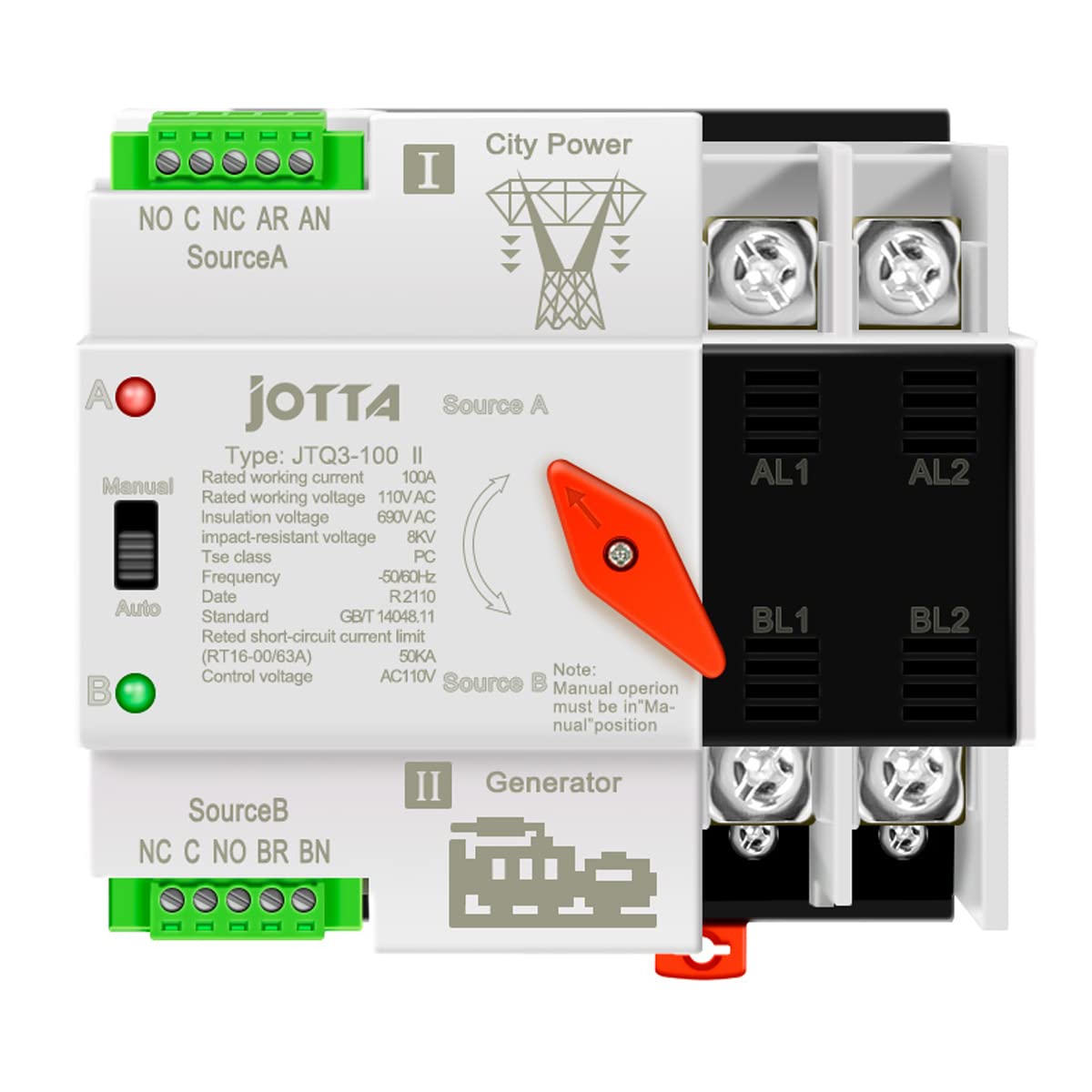 Jotta W2R 2P 100A 110V PC Type Mini ATS Automatic Transfer Switch 100 amp Electrical Selector ...